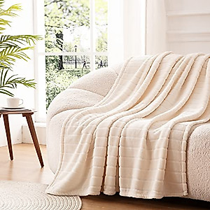 Bertte Plush Throw Blanket Super Soft Fuzzy Warm Blanket | 330 GSM Lightweight Fluffy Cozy Luxury Decorative Stripe Blanket for Bed Couch - 50"x 60", Ivory White