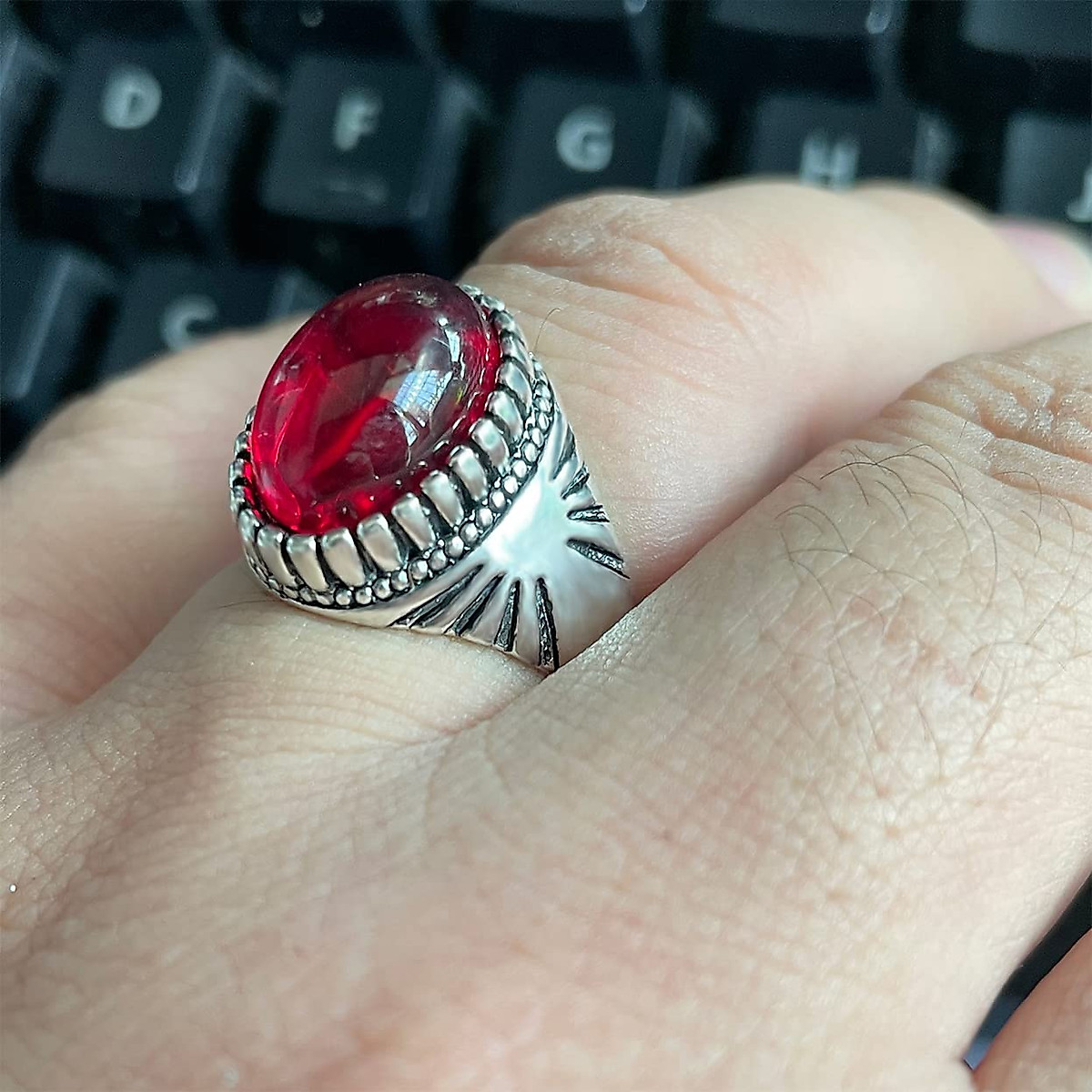 THJEW Retro S925 Silver Rings with Stone for Men Women,Green Turquoise Ring,Natural Agate Stone Ring,Onyx Ring for Men,Garnet Rings,Turkey Rings,Precious Oval Shaped Gemstone Jewelry (RingColor_D, 8)