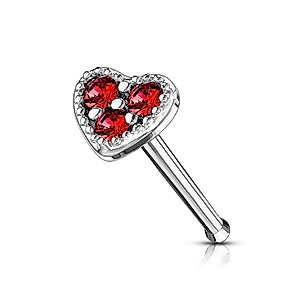 Amelia Fashion 20 Gauge CZ Set Heart Nose Bone Stud 316L Surgical Steel (Choose Color) (Red)