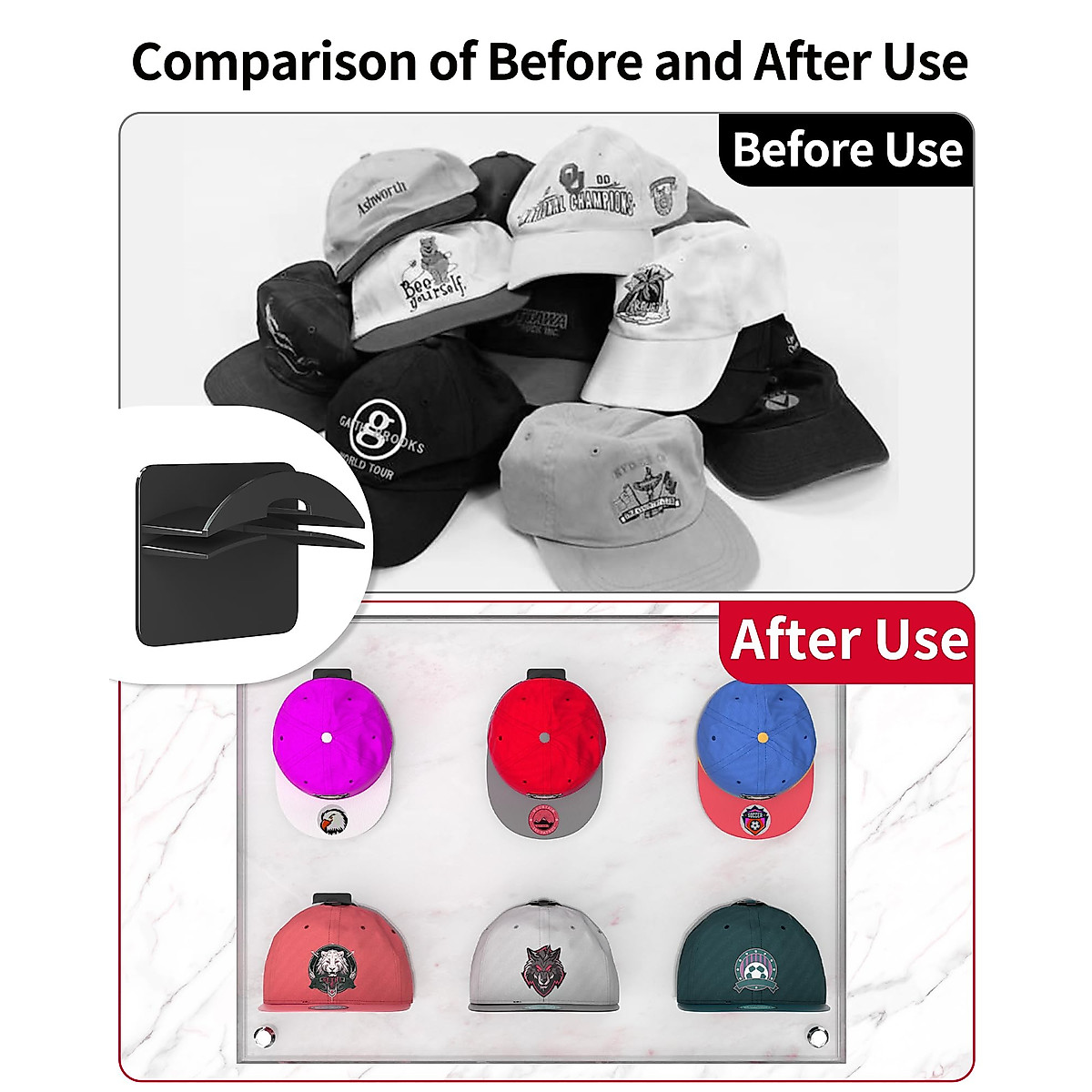 Quzhunoo 2-in-1 Hat Hooks (10PCS), No Drilling Hat Holder, Strong Adhesive Hat Rack for Wall Use, Hat Racks for Baseball Caps, Hat Organizer Display for Wall, Door, Closet, Black