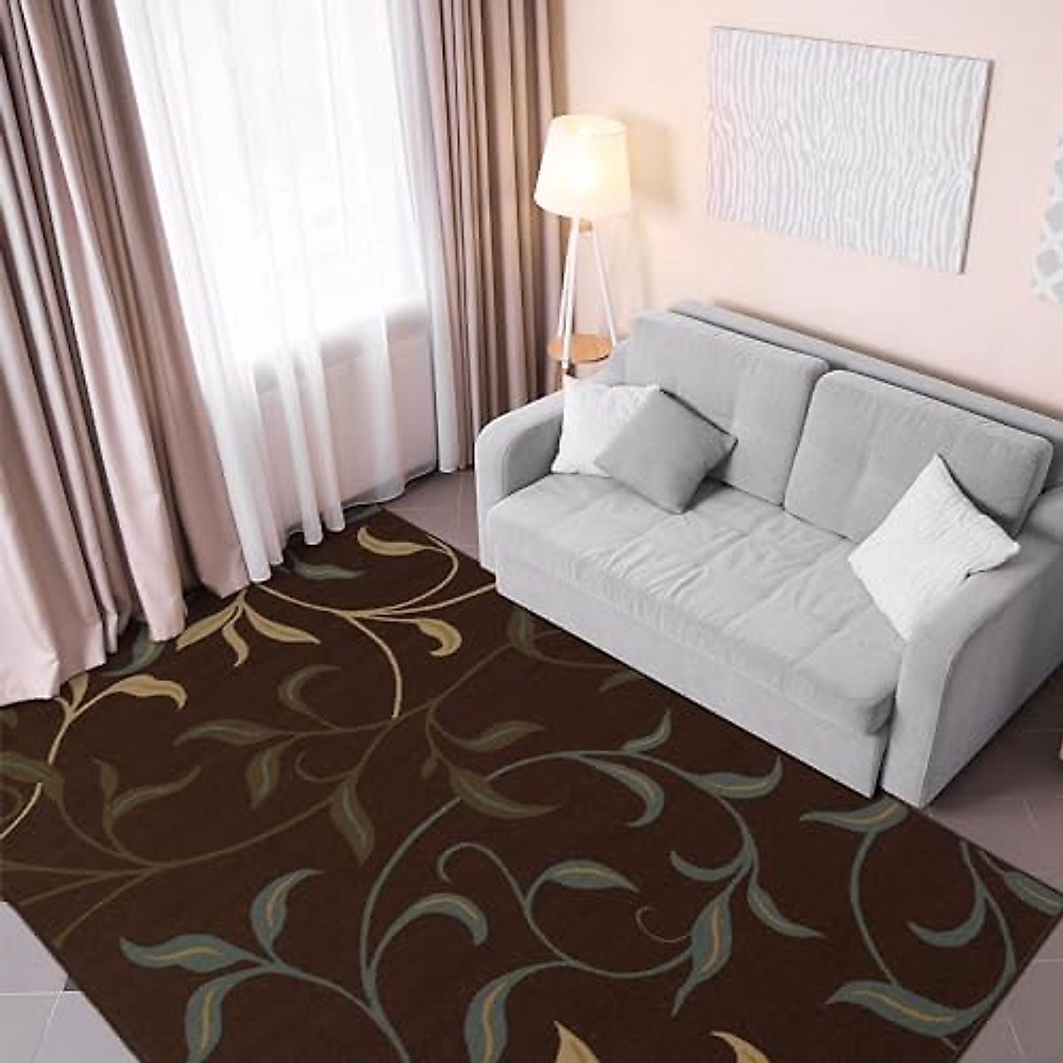 Machine Washable Leaves Design Non-Slip Rubberback 5x7 Traditional Area Rug for Living Room, Bedroom, Kitchen, 5' x 6'6", Brown