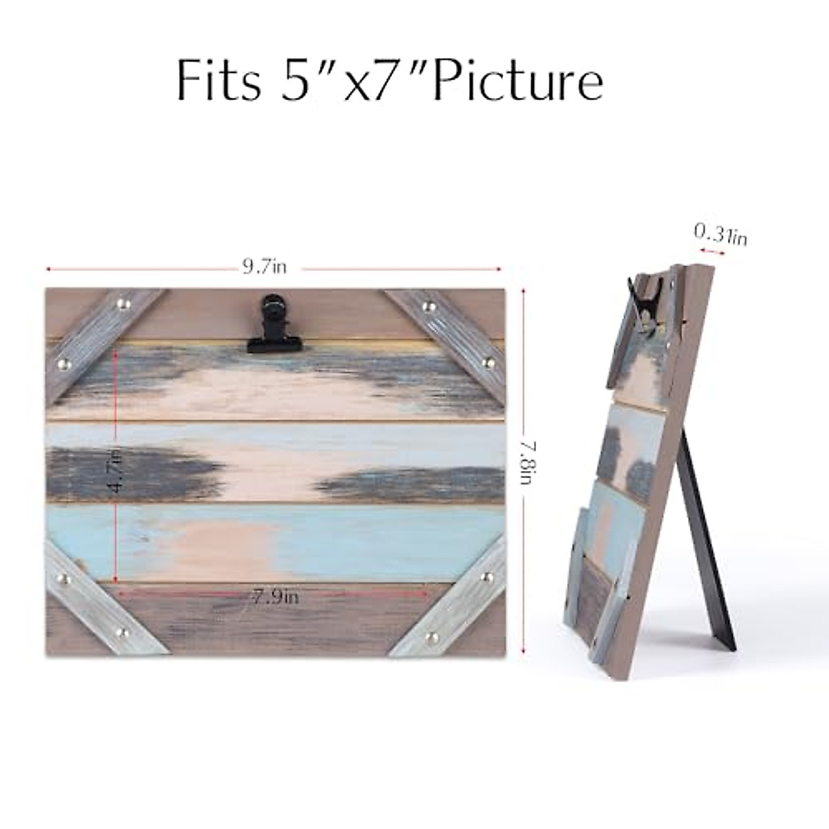 PETAFLOP Rustic Handmade Wooden Picture Frame with Unique Clip Design Made to Display 5x7 Photo Fliers, Menus, Message