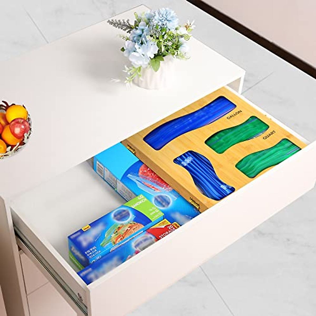 Kitchen Drawer Organizer for Ziplock Bags - Baggie Holder for Snacks & Sandwiches - Fits Gallon, Quart & Slider Bags - 4 Slots for Easy Storage & Organization