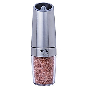 Gravity Salt and Pepper Mill with Adjustable Coarseness Automatic Pepper and Salt Grinder Battery Powered with Blue LED Light,One Hand Operated,Brushed Stainless Steel by CHEW FUN