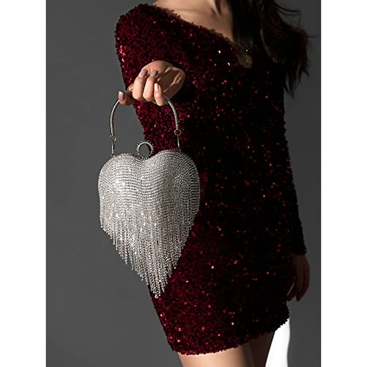 SWEETV Women's Rhinestone Heart Purse, Evening Clutch Bag for Formal Wedding Cocktail Prom Party Club, Silver
