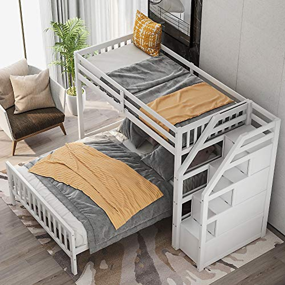 DEYOBED Twin Over Full Wooden Bunk Bed and Loft Bed Convetible with Storage Staircases for Kids Teens