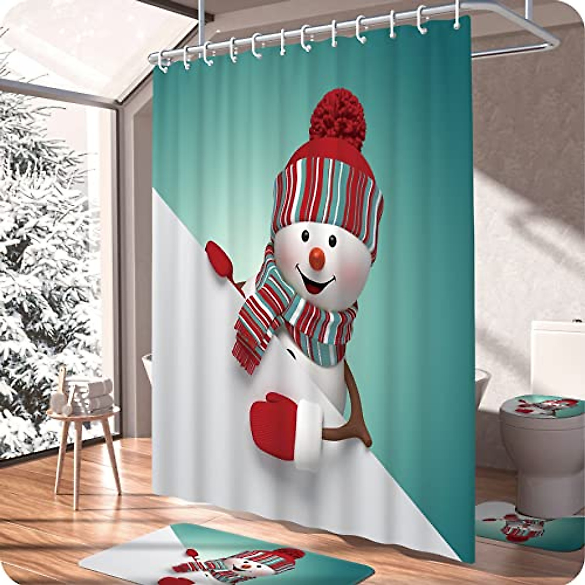 powond Snowman Shower Curtain Sets for Bathroom with Non-Slip Rugs, Toilet Lid Cover, Bath Mat and Snowman Shower Curtains with 12 Hooks, 4Pcs Bathroom Decor Set with Rugs and Accessories