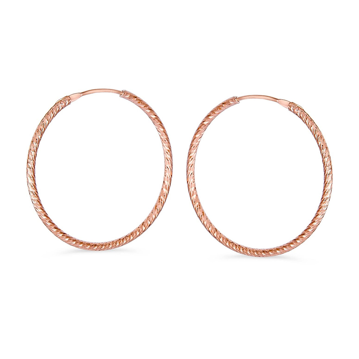 Lightweight Round Thin Endless Continuous Diamond Cut Twist Hoop Earrings For Women Teens Rose Gold Plated .925 Sterling Silver 1.25 Inches