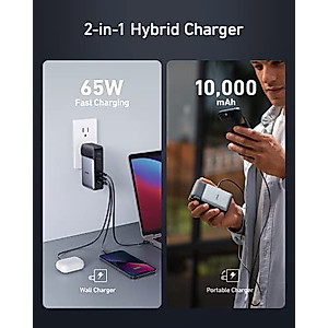 Anker 733 Power Bank (GaNPrime PowerCore 65W), 2-in-1 Hybrid Charger, 10,000mAh 30W USB-C Portable Charger with 65W Wall Charger, Works for iPhone 14/13, Samsung, Pixel, MacBook, Dell, and More