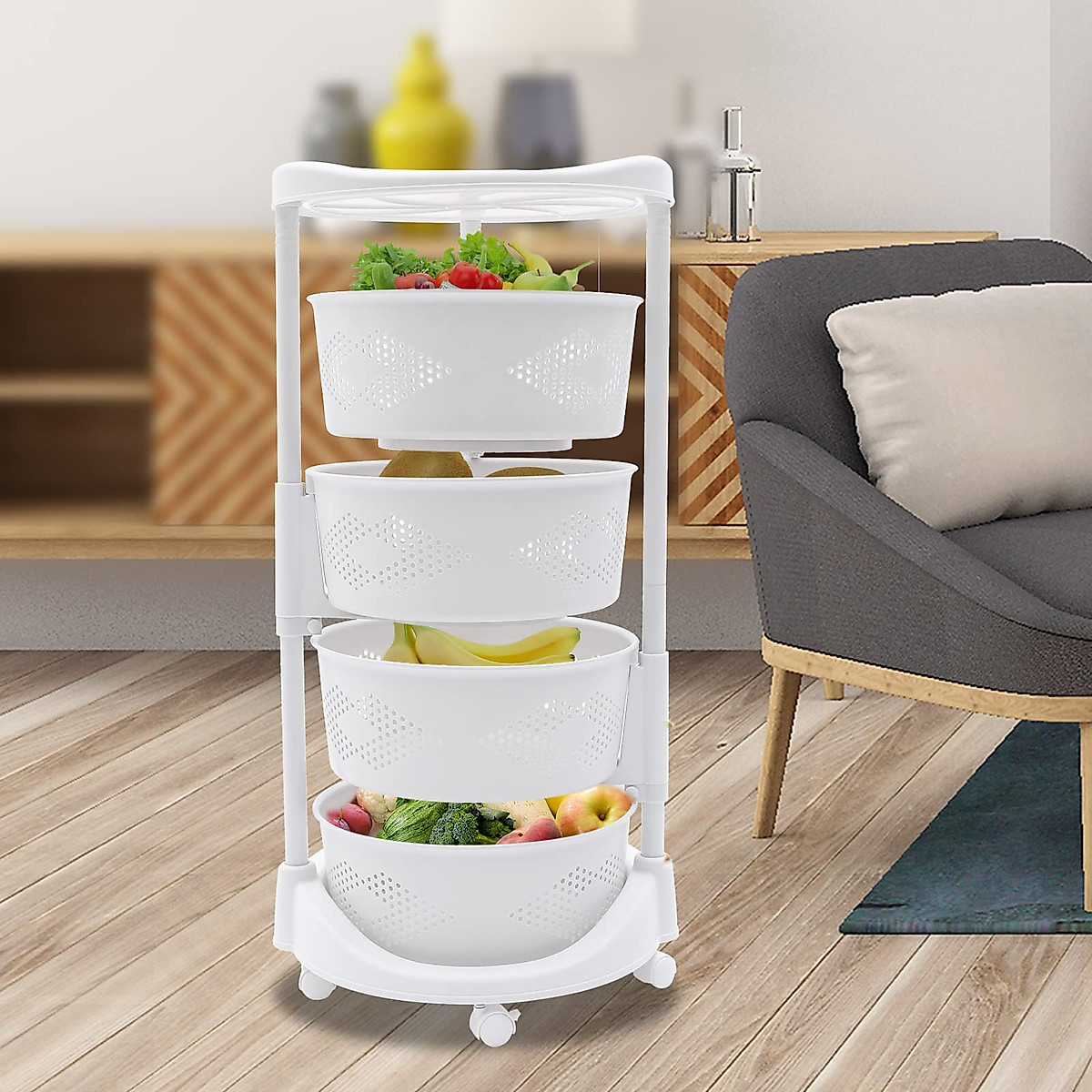 LOYALHEARTDY Rotating Storage Rack 4 Tier Round Mesh Baskets Storage Shelf Rack Adjustable Height Kitchen Storage Shelf with 5 Lockable Casters for Kitchen Bathroom Bedroom White