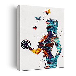 Fitness Girl Watercolor Poster Canvas Wall Art for Home/Bedroom/Gym Decor - Female Woman Dumbbells Weight Lifting Canvas Print Wall Art Painting Ready to Hang Gifts - Easel & Hanging Hook 12x15 Inch