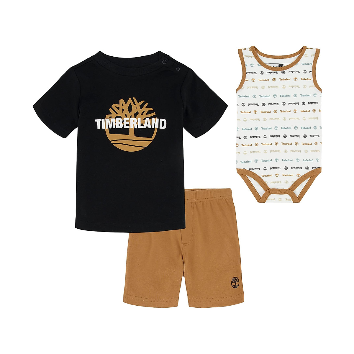 Timberland Baby Boys 3 Pieces Tee, Bodysuits Short And Toddler Layette Set, Deep Black, 3-6 Months US