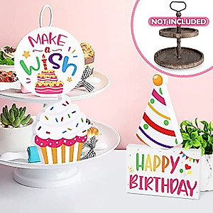 Huray Rayho Birthday Tiered Tray Decor Celebration Wooden Sign Colorful Birthday Party Supplies Make Wish Freestanding Cake Hat Block Bundle Bookshelf Happy Bday Table Decorations Gift for Her