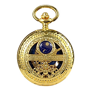 TREEWETO Men's Mechanical Roman Numerals Dial Sun and Moon Skeleton Gold Case Pocket Watches with Box and Chains for Mens Women