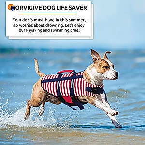 MORVIGIVE Striped Dog Life Jacket, Ripstop Dog Life Vest Preserver for Boating & Swimming with Rescue Handle, Reflective Puppy Float Coat Pet Swimsuit with Adjustable Straps and Side-Release Buckles