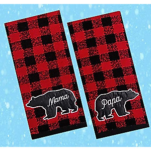 St Nick Holiday Buffalo Plaid Hand Towels Farmhouse Bear Mama Papa Rustic