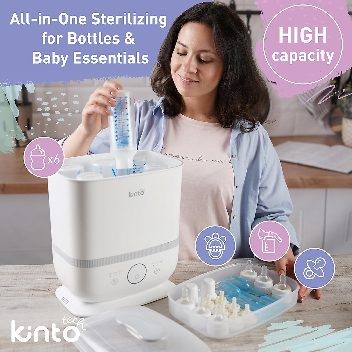 Kinto Tech Baby Bottle Sterilizer and Dryer - 7 in 1 Steam Cleaner and Washer for Baby Bottles Pacifiers Breast Pump