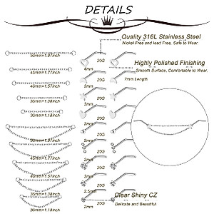 Masedy 20G Stainless Steel Nose Ring Stud Nose Ring Chain Piercing Across Double Nose Stud Heart Ball CZ Nose Studs Nostril Piercing Jewelry SL