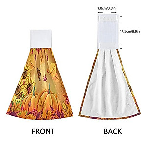 Sunflower Butterfly Pumpkin Hanging Kitchen Towels 2 Pack Dish Cloth Tie Towel, Autumn Fall Maple Leaves Absorbent Soft Hand Towels with Hanging Loop for Bathroom Farmhouse Bar Tabletop Home Decor