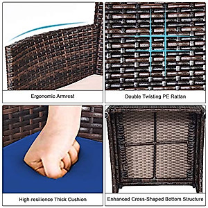 Tangkula Patio Furniture Set 3 Piece, Outdoor Wicker Rattan Conversation Set with Coffee Table, Chairs & Thick Cushions, Suitable for Patio Garden Lawn Backyard Pool (Navy)