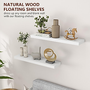 30 Inch Floating Shelves, White Wood Floating Shelves for Wall Set of 2, 30'' Long Wooden Wall Shelves for Living Room Bedroom Bathroom Home Office - White