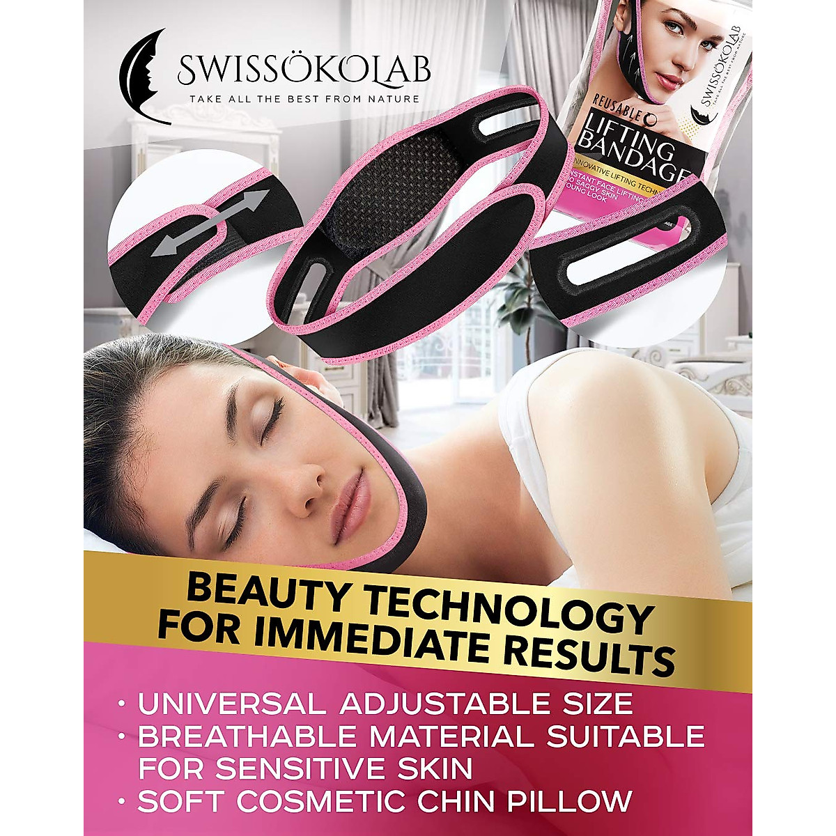 SWISSOKOLAB Reusable Face Slimming Strap Double Chin Reducer V Line Mask Chin Up Patch Chin V Up Contour Tightening Firming Tape Neck Bandage V-Line Lifting Patches V Shaped Belt (Lifting Bandage)