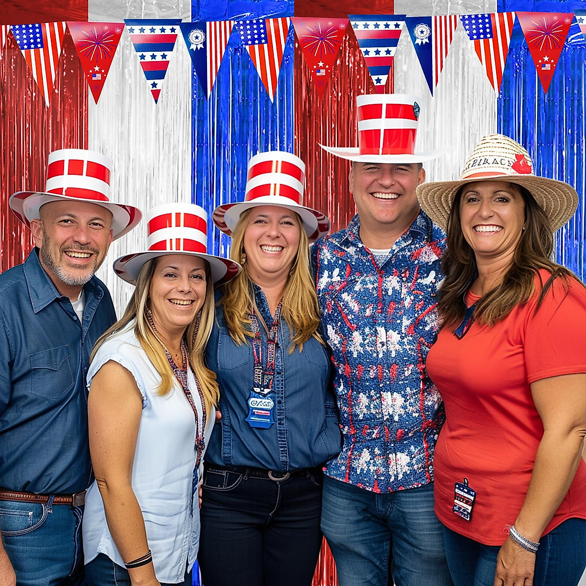 Yzurbu Red White & Blue Decorations, 3 Pack Tinsel Foil Fringe Backdrop Curtains and 2 Pack USA Flag Triangle Pennant Banner for 4th of July, Memorial Day, Labor Day, Patriotic Party