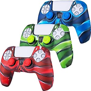 YoRHa Silicone Rubber Gel Customizing Skin Cover for PS5 Controller(Camouflage Red Blue Green) x 3 With Thumb Grips x 6