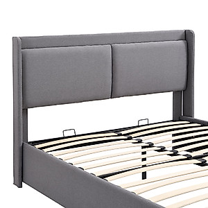 Queen Size Upholstered Platform Bed with Lift Up Hydraulic Storage System, Linen Upholstered Storage Platform Bed Frame with 2 Drawers for Bedrooms Guest Rooms, Sturdy Slats Support (Grey-US)