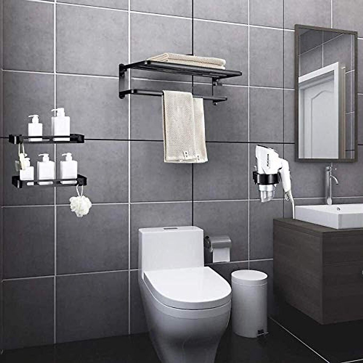 Towel Racks,Towel Rails, Wall Mounted Towel Shelf for Bathroom Aluminum 90° Foldable Towels Rail Bars with Hooks for Kitchen Towels Rack