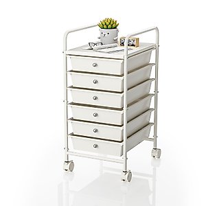 Shrivee 6-Tier Utility Cart with 6 Drawers, Rolling Utility Cart with 2 Lockable Caster Wheels, Multipurpose Mobile Rolling Drawer Cart for Office Bathroom Kitchen, Ivory White