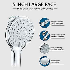 DOILIESE Shower Heads with Handheld Spray 5-Mode,Anti-clog Nozzles Shower Heads High Pressure,Hand Held Shower Head with Long Hose 60inch Chrome