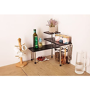 Venloup Upgraded 3 Tier Corner Shelf, Adjustable Bamboo Storage Spice Rack with Hooks, Freestanding Space Saving Counter Display Shelf for Kitchen, Office and Bedroom （Black