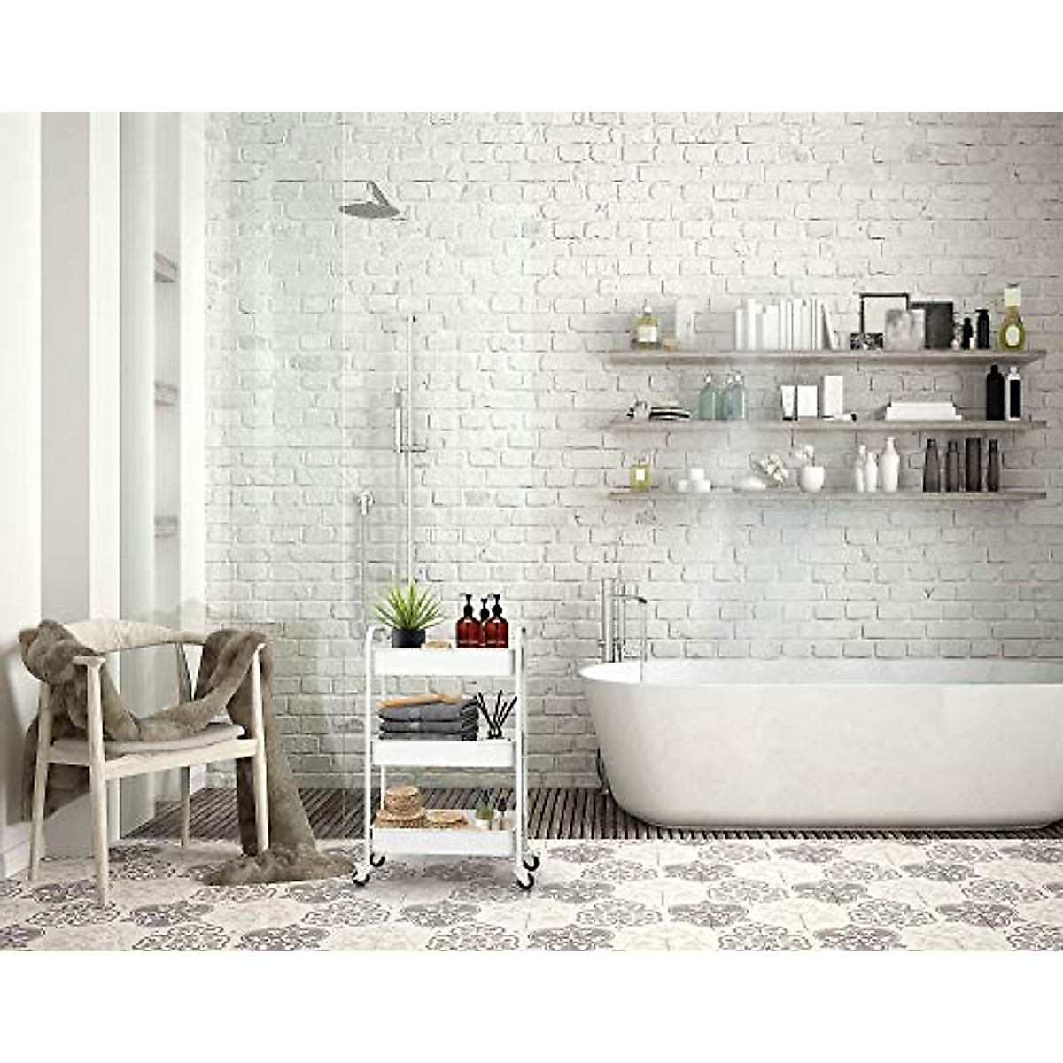 CAXXA 3-Tier Rolling Metal Storage Organizer - Mobile Utility Cart Kitchen Cart with Caster Wheels, White