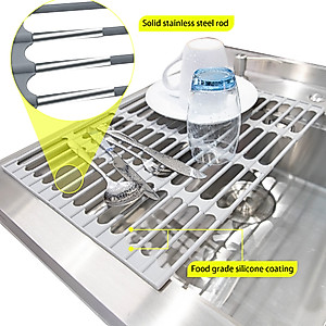 Upgraded Roll Up Dish Drying Rack (17.4''x13''),Multipurpose Over the Sink Dish Drying Rack Kitchen Dish Drainer,Silicone Wrapped Solid Stainless Steel Foldable Sink Rack,Kitchen Sink Accessories