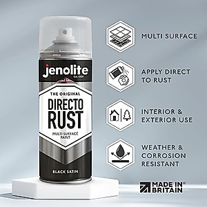 JENOLITE Directorust Satin Spray Paint | BLACK | 400ml (13.52fl oz) | Semi-Gloss Spray Paint | Wood, Metal, Plastic, Ceramic & Rusted Surfaces | Interior & Exterior Use | RAL 9005