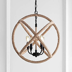 JONATHAN Y JYL9041A Soka 4-Light 20" Adjustable Globe Metal/Rope LED Pendant, Farmhouse, Coastal, Bohemian, Cottage, Industrial, Rustic, Transitional, Dining Room, Kitchen, Foyer, Black/Brown