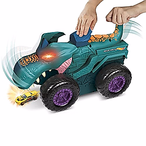 Hot Wheels Monster Trucks Car Chompin' MEGA-Wrex, Large Toy Monster Truck & 1:64 Scale Toy Car, "Eats" & "Poops" 1:64 Scale Vehicles
