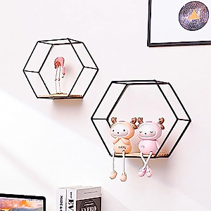 COBARYEN Set of 3 in Different Sizes Hexagon Shaped Floating Shelves,Metal Wall Mounted Floating Storage Shelf for Bedroom, Living Room, Bathroom, Kitchen (Black)