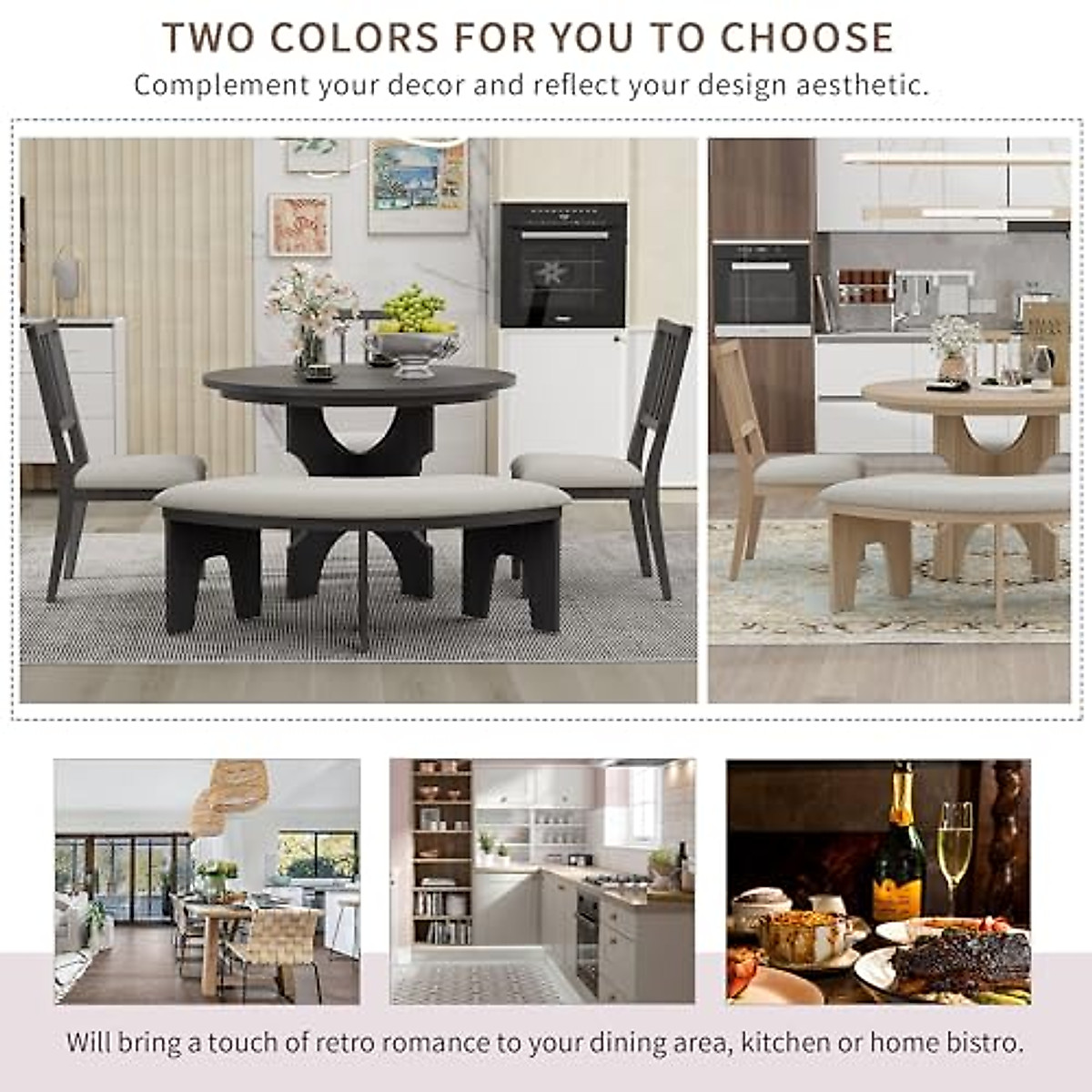 UBGO 5-Piece, Kitchen Room Sets with 44" Round Table and 3 Upholstered Dining Chairs & a Curved Bench,for 4-5 People (Grey)