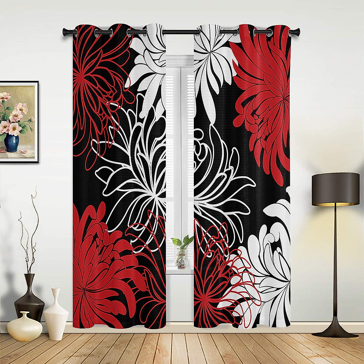 Black Out Window Curtains Floral Printed - 2 Panels Thermal Curtain Drapes Insulated Window Treatments for Bedroom Living Room, W 27.5 x L 39 inches Chrysanthemum Flower Red Black White, One Pair