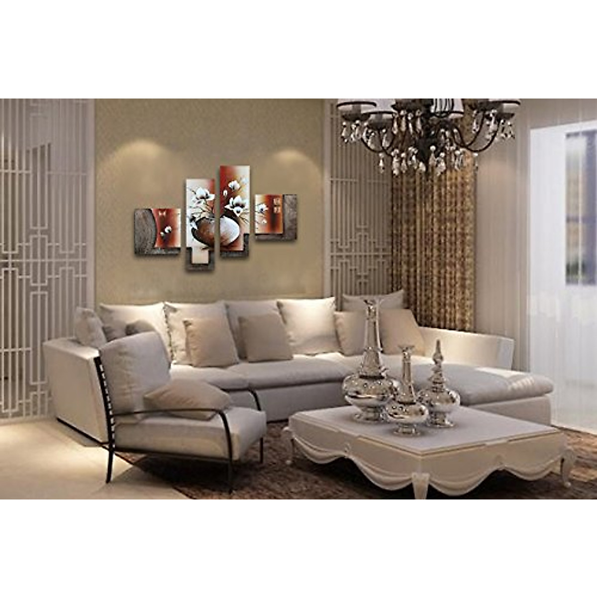 Wieco Art -Stretched and Framed 100% Hand-painted Modern Canvas Wall Art Stretched and Framed Elegant Flowers for Home Decoration Floral Oil Paintings on Canvas 4pcs/set