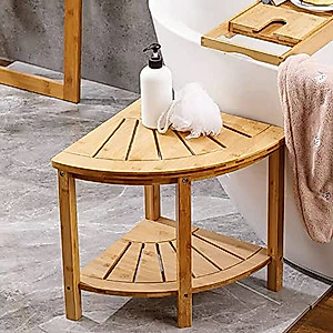Kohtla Bamboo Corner Shower Seat Bench with Storage Shelf Wood Spa Stool for Bathroom, Indoor and Outdoor Use