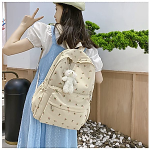 ZHHUIZ Kawaii Backpack Flower Backpack with Bear Pendant, Aesthetic School Bag Bookbag Japanese Ita Bags Cute Daypack (White), One Size