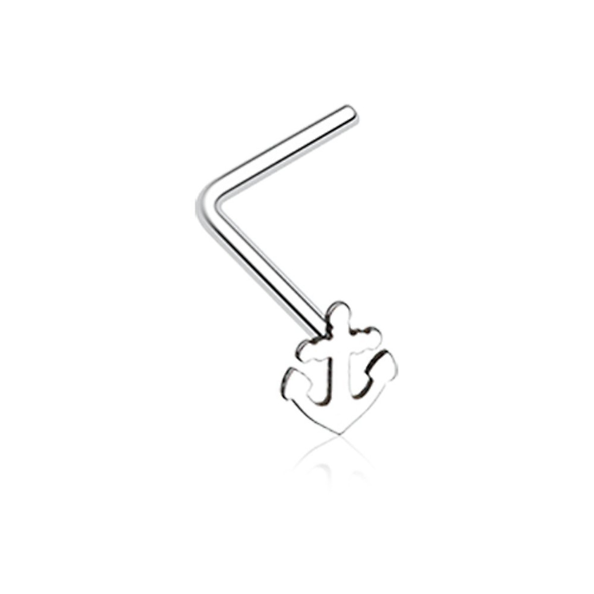 Dainty Anchor Icon L-Shaped 316L Surgical Steel Nose Stud Ring (Sold Individually) (20 GA, 9/32", Steel)