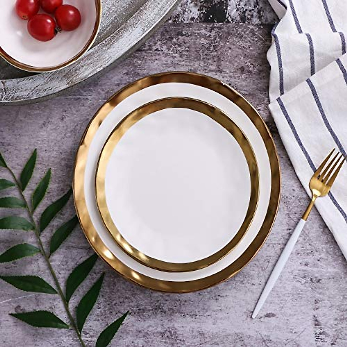 KOWMcp Dinner Plates Ceramic Plate, Restaurant Steak Plate, Dessert Plate, Salad Plate, Gilded White Matte Retro Ceramic Plate (Size : Small)