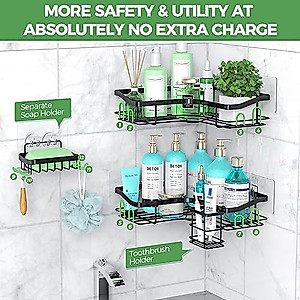 3Free Corner Shower Caddy, 4 Pack Strong Adhesive Shower Organizer with Soap Holder and 12 Hooks No Drilling Shower Shelves, Rustproof SUS304 Stainless Steel Bathroom Shower Shelf for Inside Shower