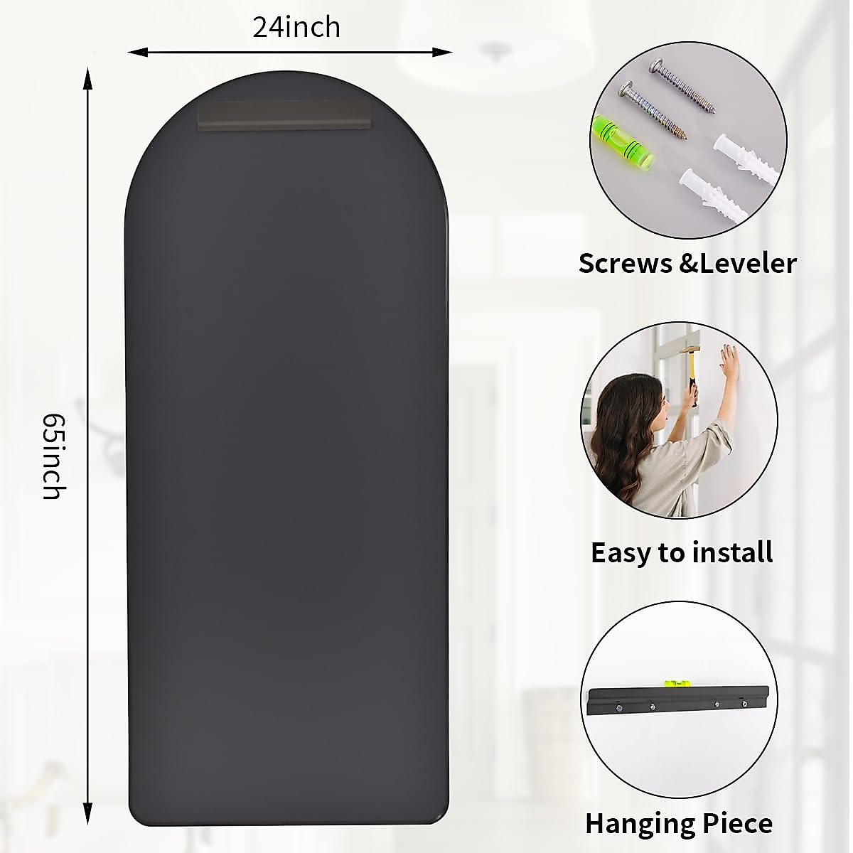 VooBang 24"x65" Arched Full Length Mirror, Black Deep Frame Floor Mirror, Modern Arch Full Body Mirror for Bedroom, Living Room, Hanging or Leaning Against The Wall