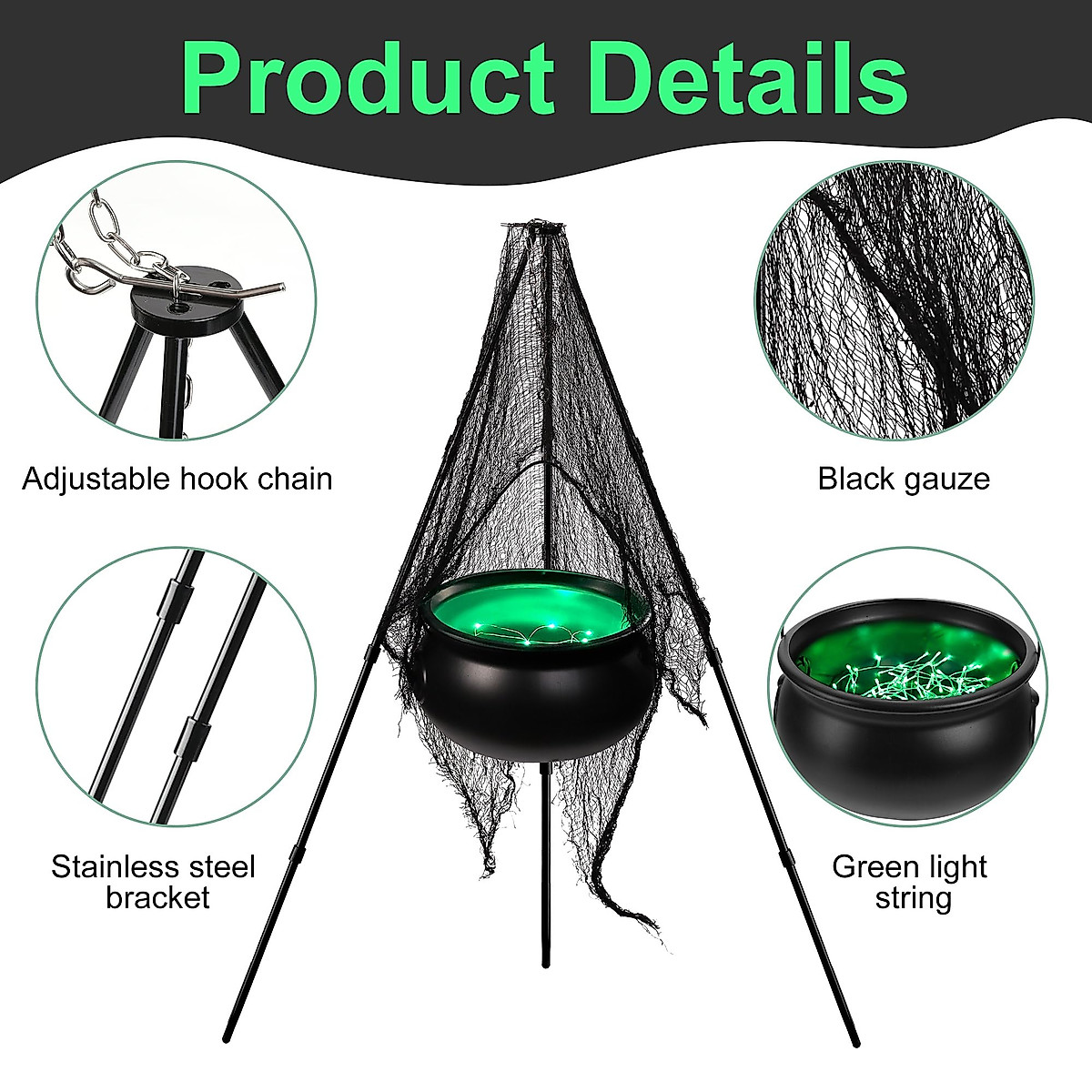 EBaokuup 12.5'' Halloween Witches Cauldron on Tripod-Large Witches Cauldron with Lights Mesh-Halloween Decorations Outdoor-Witches Bowl Candy Bucket for Porch Yard Decor Halloween Cosplay Makeup Party