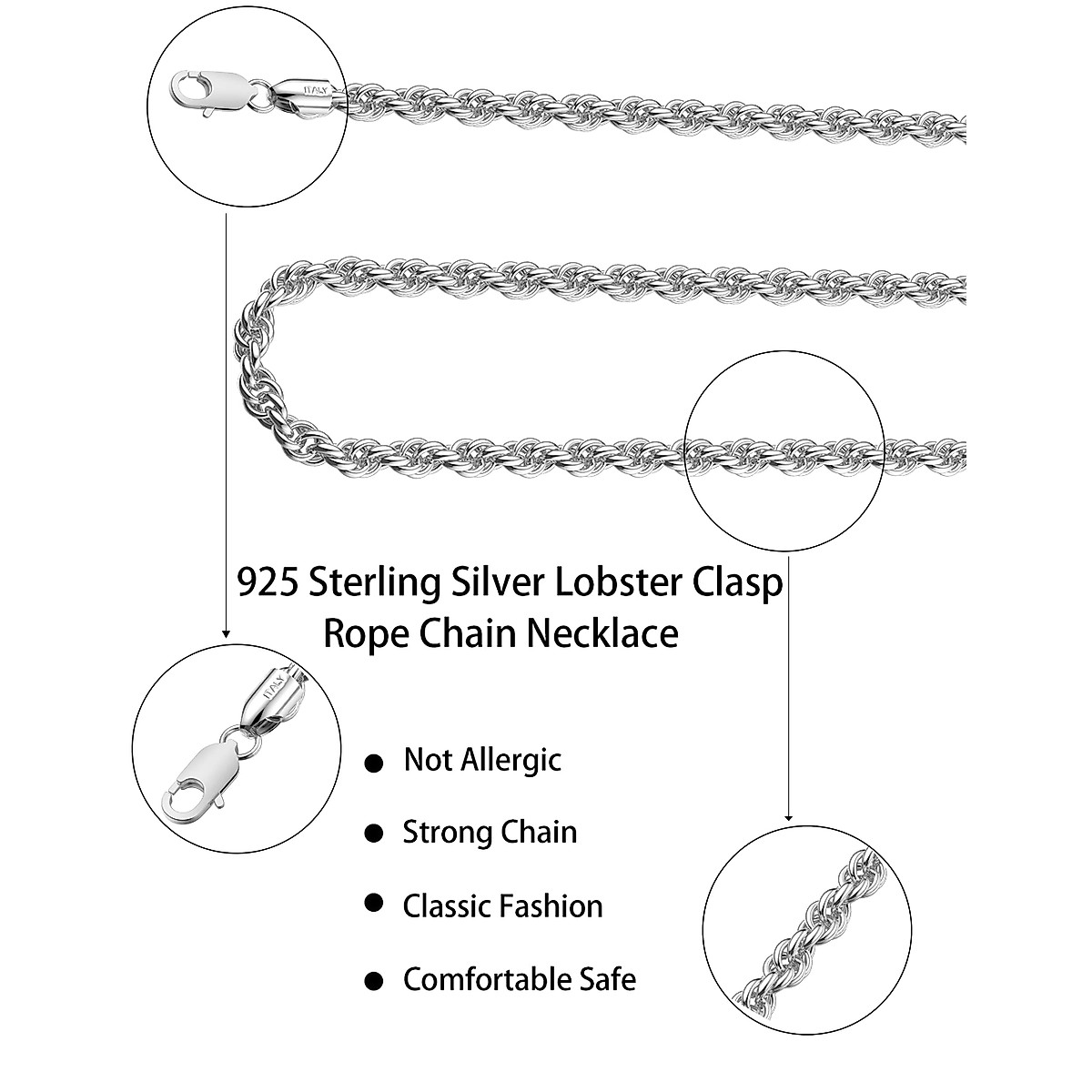 Waitsoul 925 Sterling Silver Rope Chain Lobster Clasp 2mm Silver Chain for Men Women Silver Necklace Chain 20 Inch